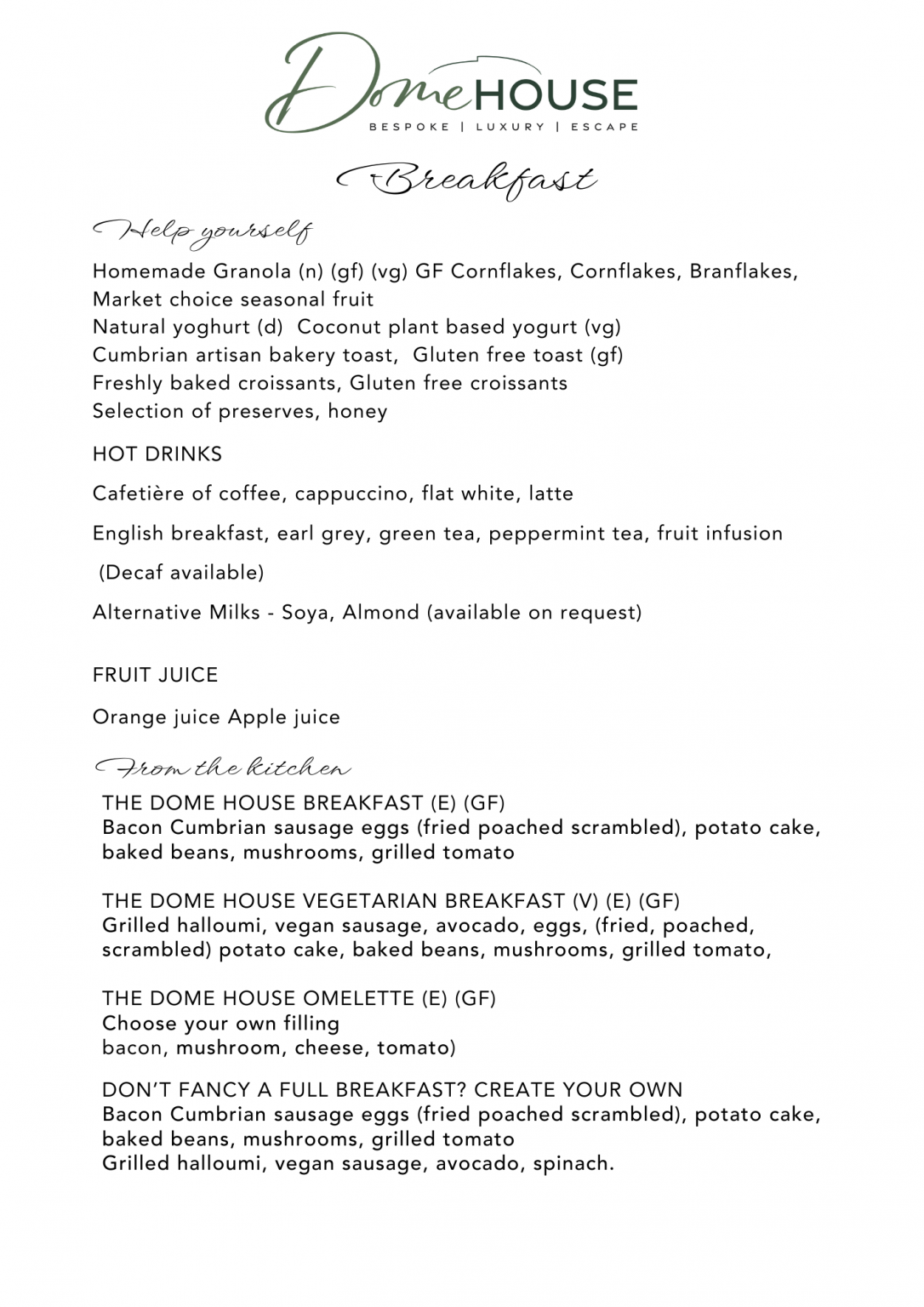 Dining at The Dome House - Our Seasonal Menu's - Domehouse